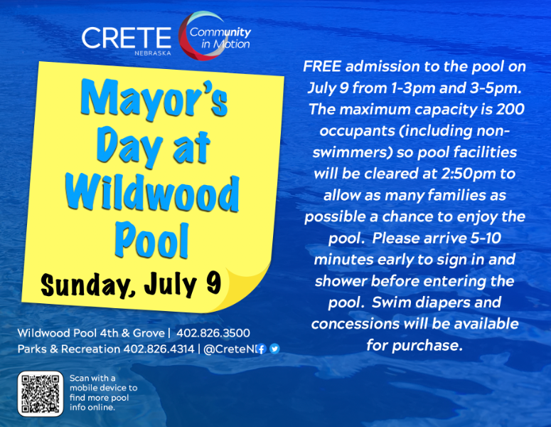 City of Crete Nebraska - Mayor's Day at Wildwood Pool is Sunday, July 9