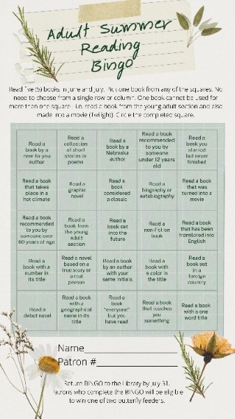 City of Crete Nebraska - Adult Summer Reading Bingo card